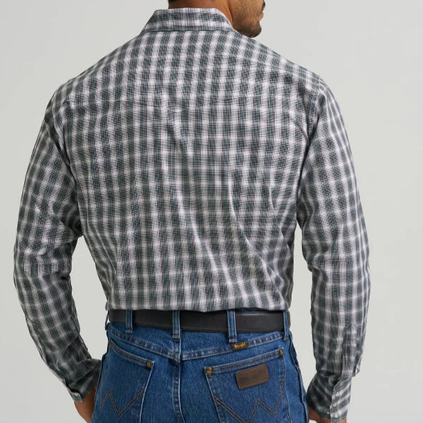 Wrangler Grey and Turquoise Checkered Long Sleeve Pearl Snap