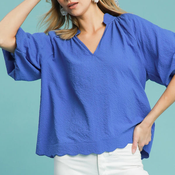 Women's Blue Top With Bubble Short Sleeves