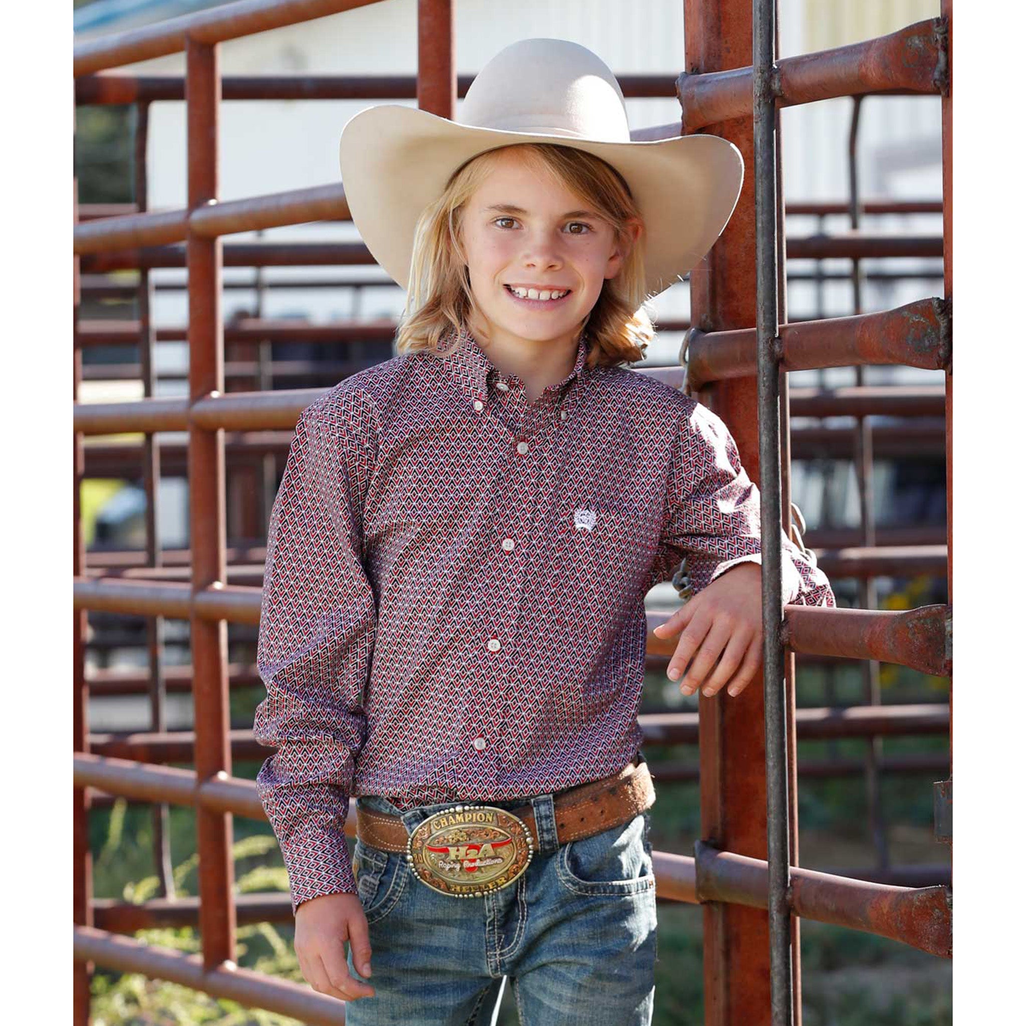 Cinch Boys Red/Black Geometric Print Long Sleeve Shirt