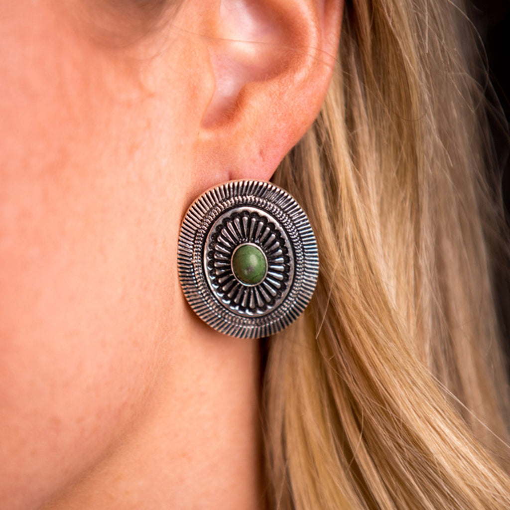 West & Company Oval Concho & Green Stone Earrings