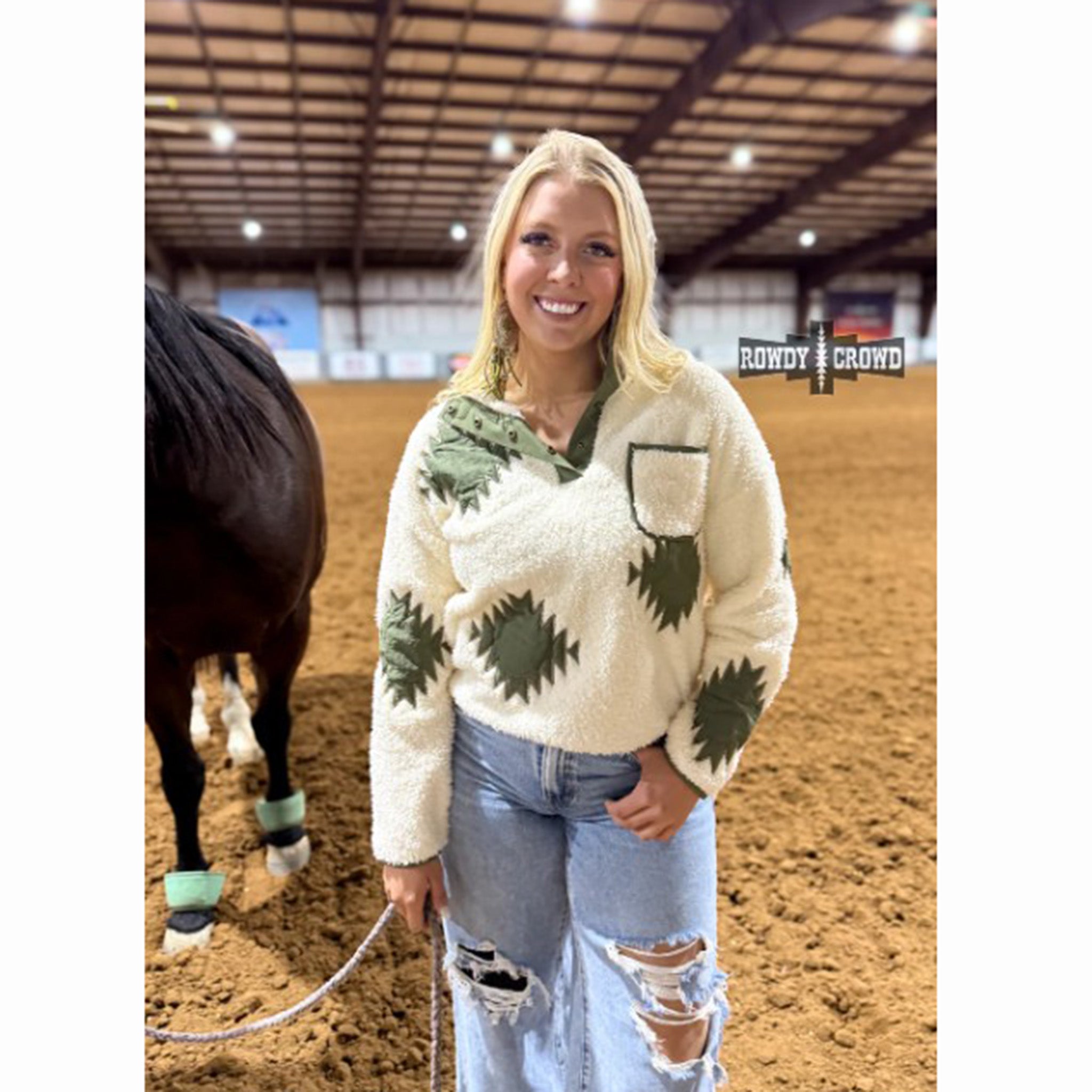 Huckleberry Sherpa with Green Aztec Pullover