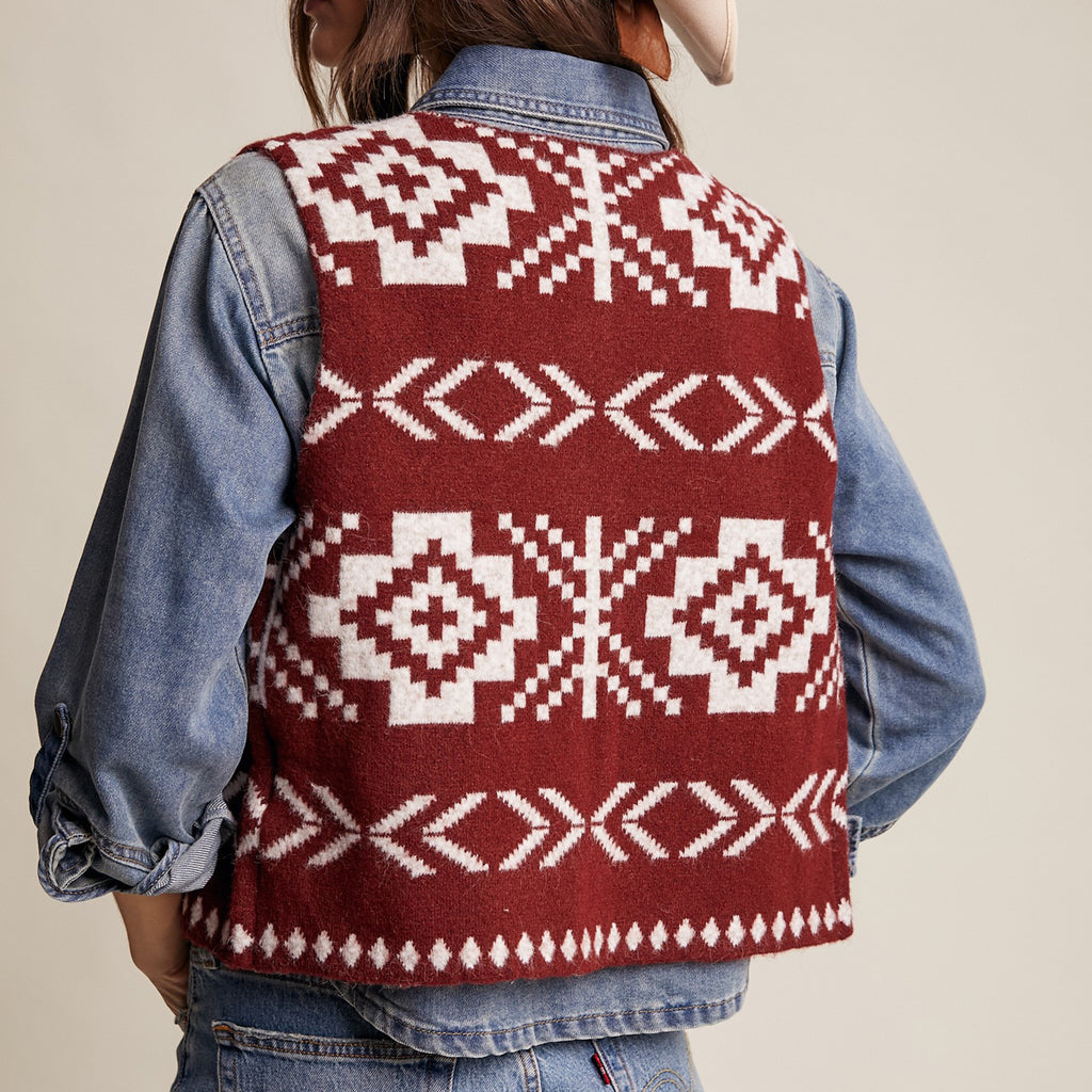 Women's Burgundy & White Southwestern Button Up Vest