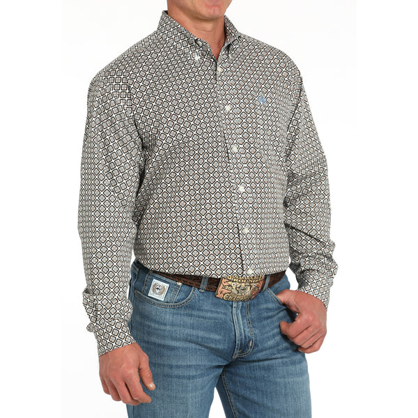 Cinch Cream and Tan Geo Print Long Sleeve Shirt