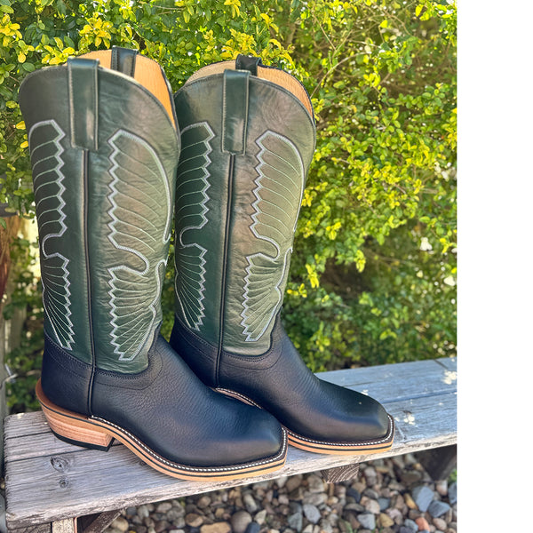 Olathe Black Bulldozer and Green Square Toe Boots