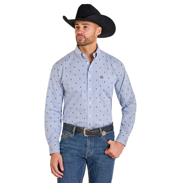 Panhandle Slim Blue/White Geometric Diamond Print Long Sleeve Shirt