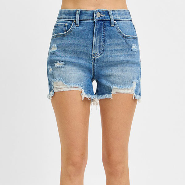 Risen Women's Medium Wash High Rise Distressed Shorts