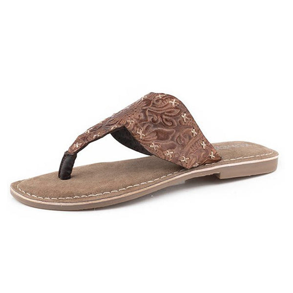 Roper Women's Brown Floral Leather Flat Sandals