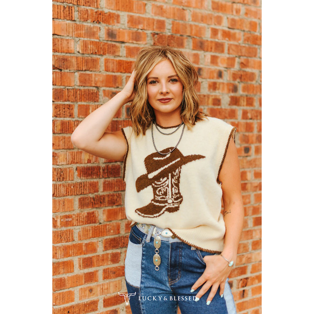 Sand Sweater Vest featuring a Cowboy Boot and Hat