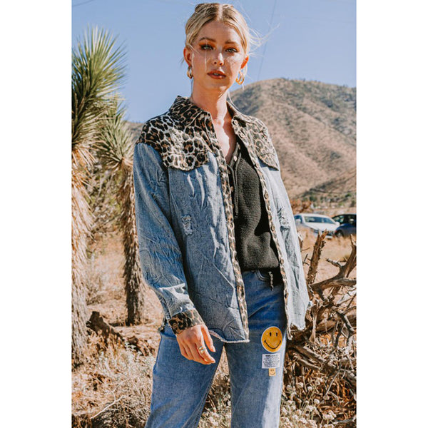 Mixed Print Breast Pocket Washed Jacket